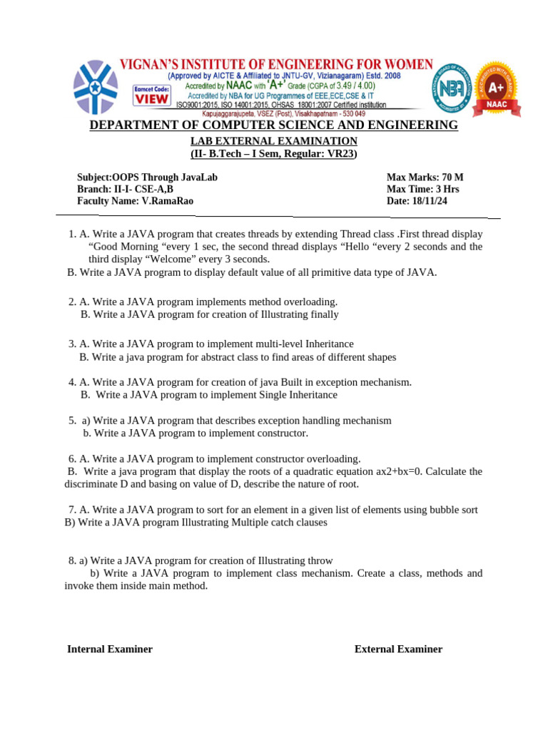 Java Lab Cse External QP | PDF Java Lab Cse External QP | PDF