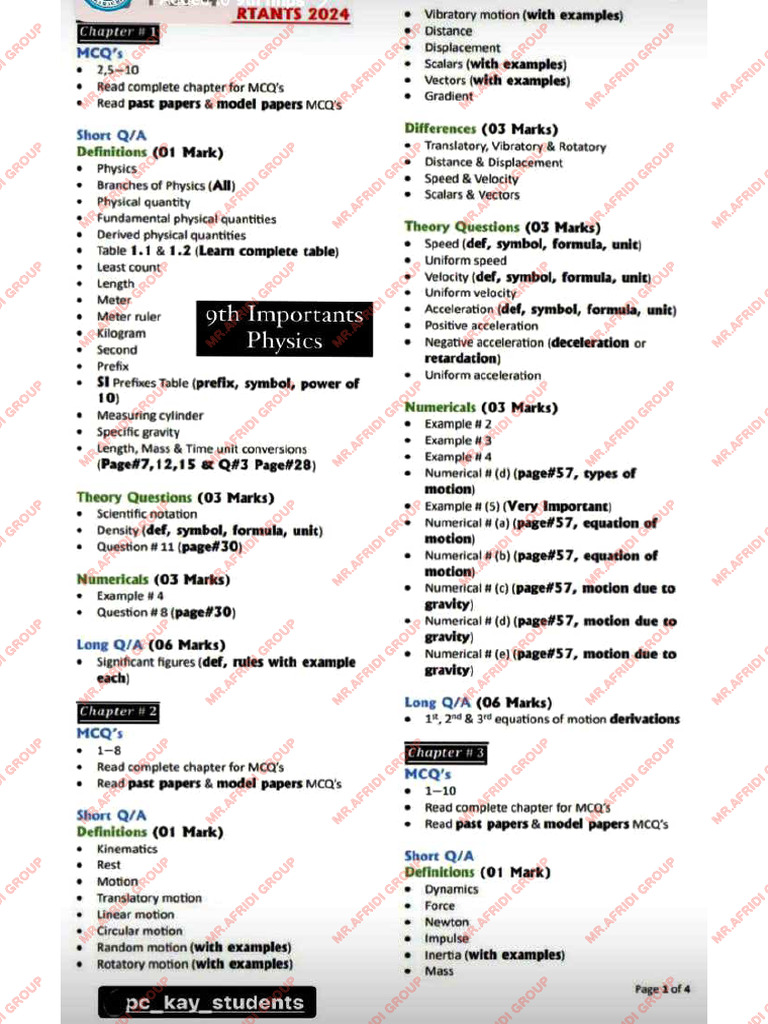 IX-PHYSICS IMPORTANTS CHAP WISE | PDF