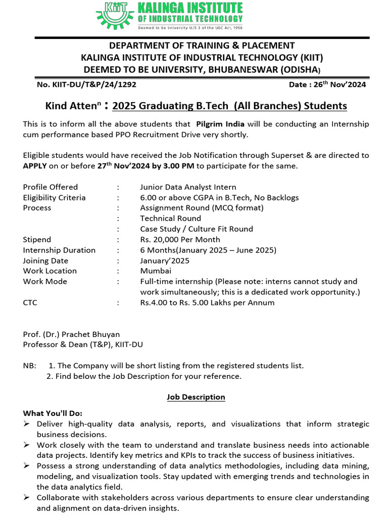 Registration For Pilgrim India Internship Cum PPO Recruitment Drive-2025 Graduating Batch | PDF ...