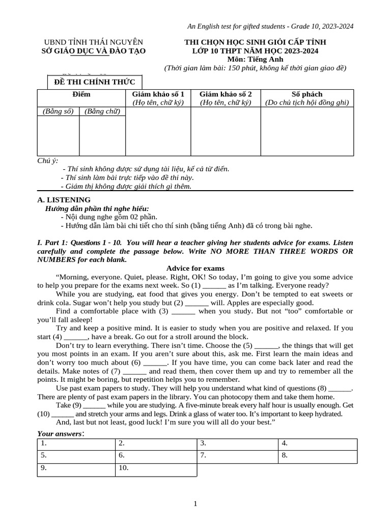 ĐỀ THI CHÍNH THỨC - HSG Tỉnh 10 - Môn T Anh | PDF | Native Americans In ...