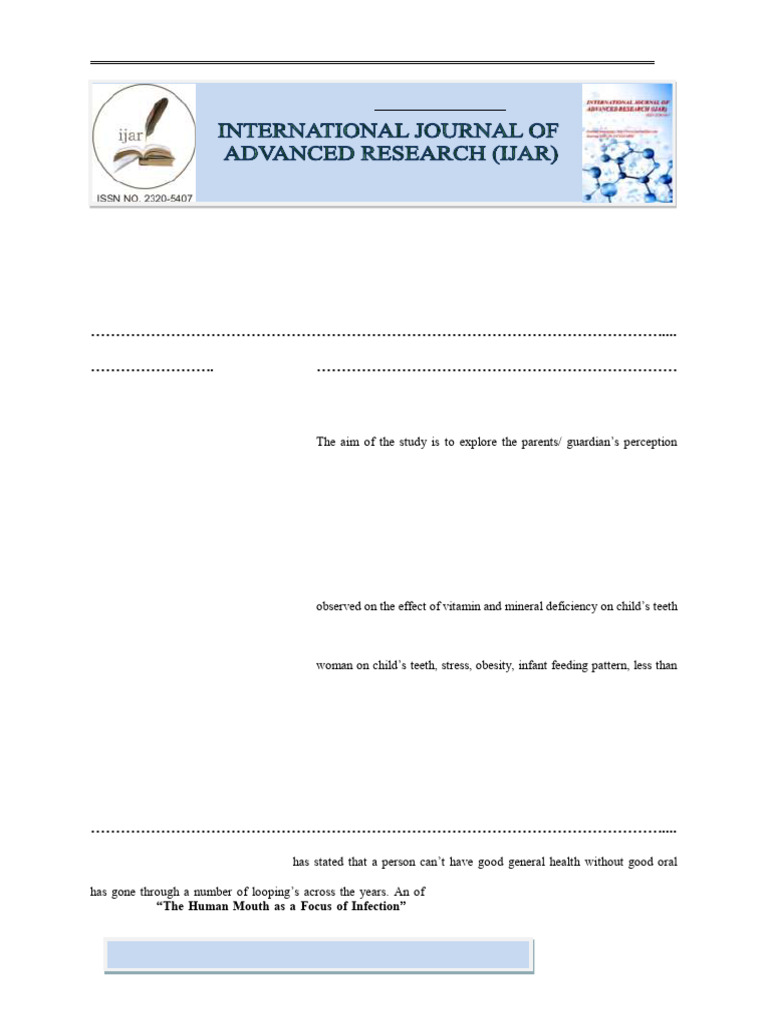 Assessment of Parents Knowledge and Awareness Regarding Oro-Systemic ...