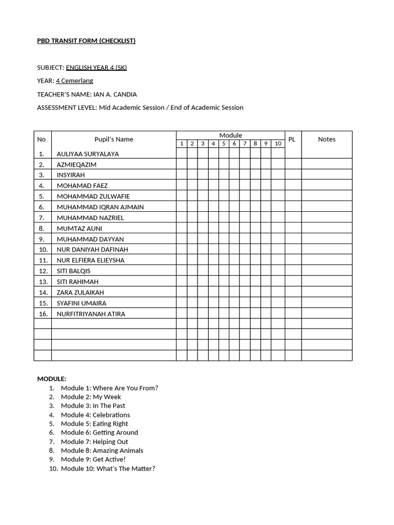 PBD Transit Form - Eng Year 4 (Checklist) | PDF | Learning | Cognition
