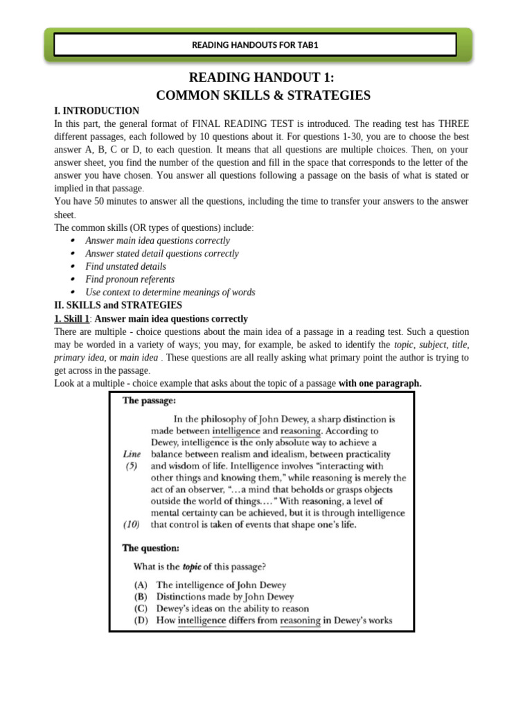 Reading Handout 1 - Common Skills & Strategies | PDF | Multiple Choice | Pronoun
