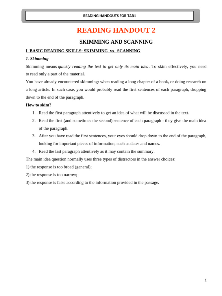 Reading Handout 2 - Skimming & Scanning | PDF | Speed Reading | Car