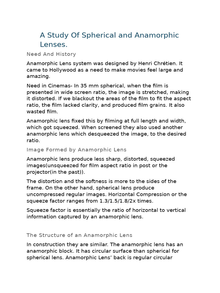 Cinematic Lenses: Anamorphic vs. Spherical | PDF | Imaging | Vision