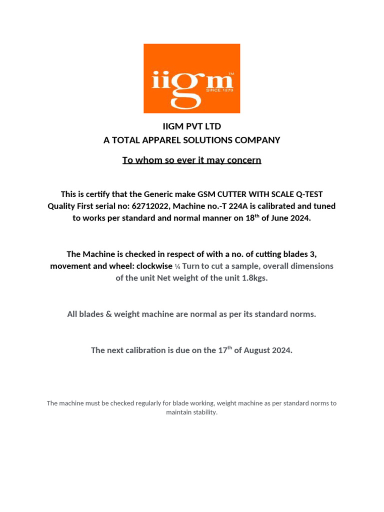 Iigm PVT LTD A Total Apparel Solutions Company To Whom So Ever It May ...