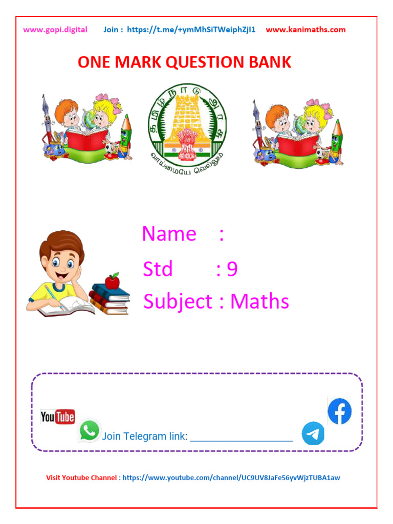 Std 9 Maths Book Back One Mark Em Kanimaths Pdf Mathematics 6097
