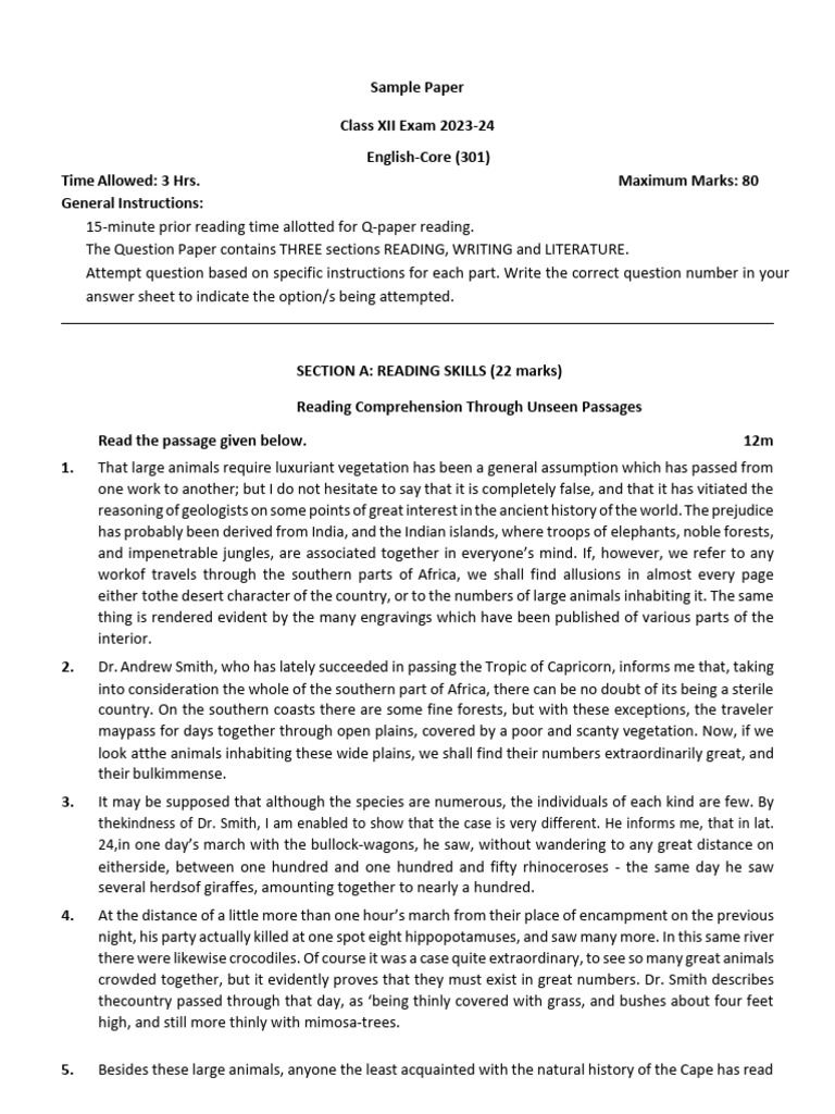 Sample Paper and Answer Key English Xii Midterm | PDF