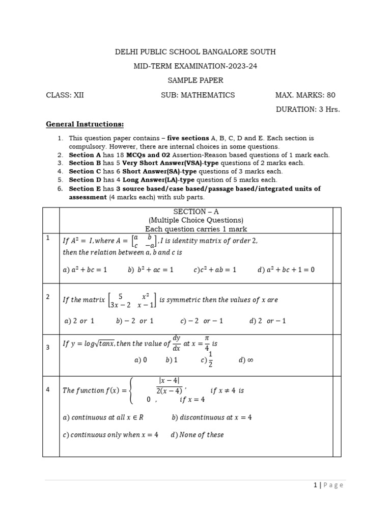 Sample Paper-Qp Soln-Midterm - Math 12 | PDF | Geometry | Mathematical Analysis