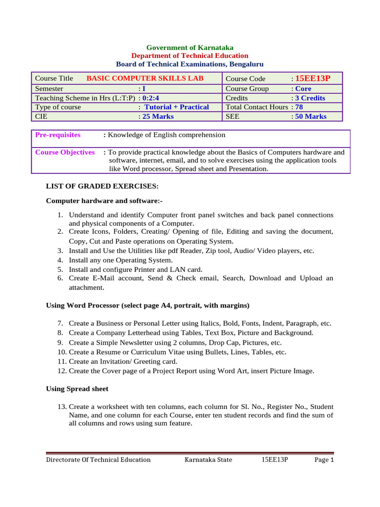 6.basic Computer Skills Lab | PDF | Worksheet | Operating System