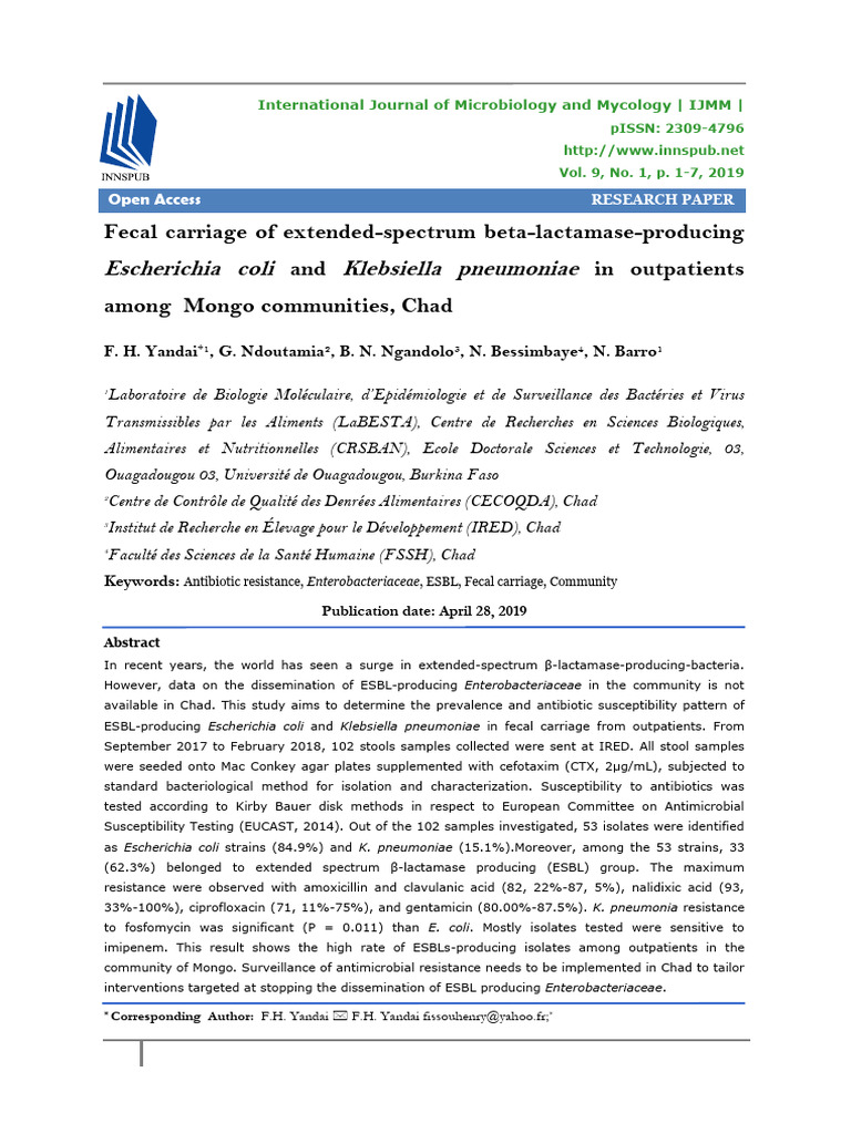 Fecal Carriage of Extended-Spectrum Beta-Lactamase-Producing ...