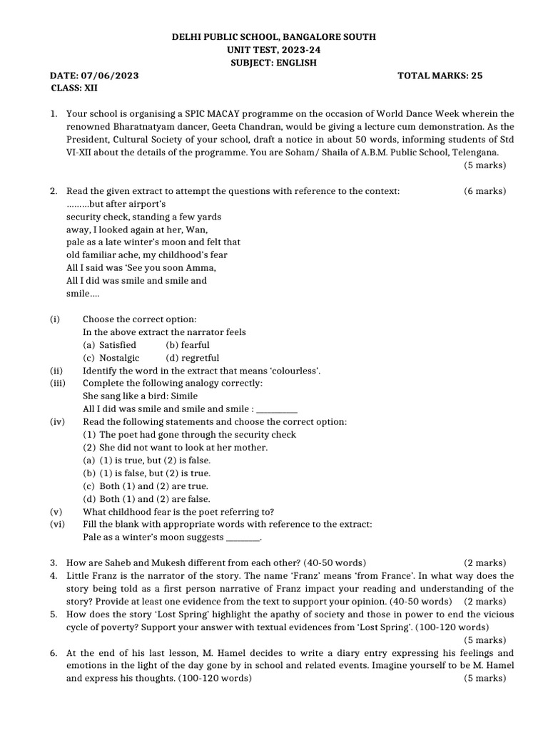 Unit Test 1 Question Paper and Answer Key | PDF