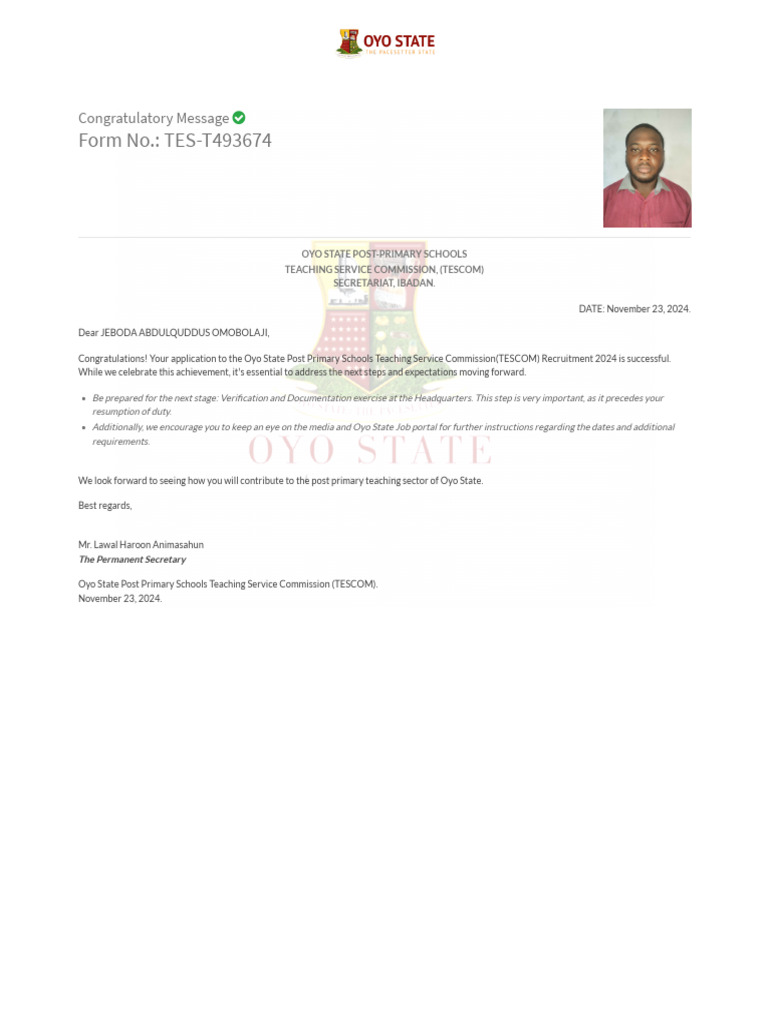 Candidate's Congratulatory Letter - Oyo State Job Portal | PDF