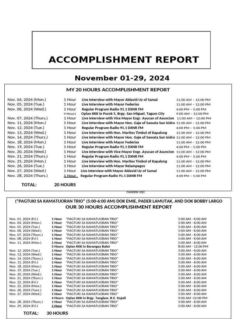 Accomplishment Report For The Month of November 2024 | PDF