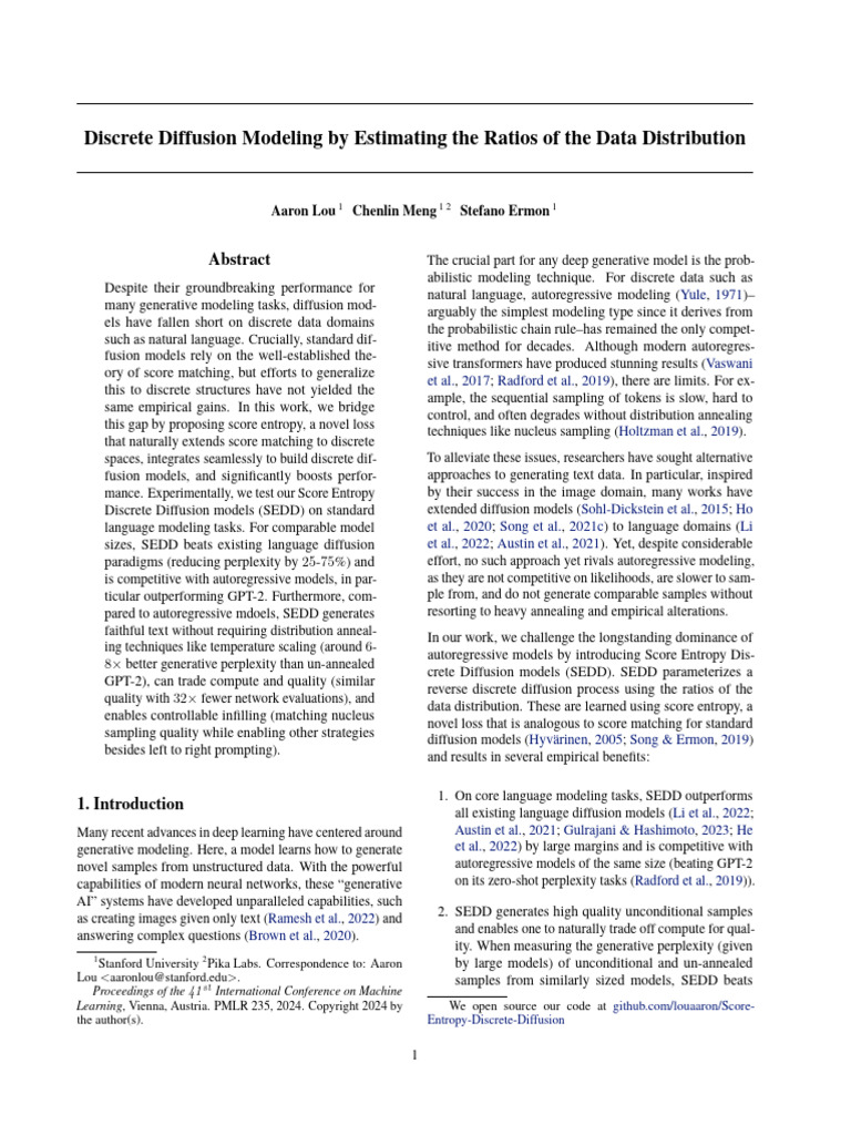 2024 ICML Discrete Diffusion Modeling by Estimating The Ratios of The ...