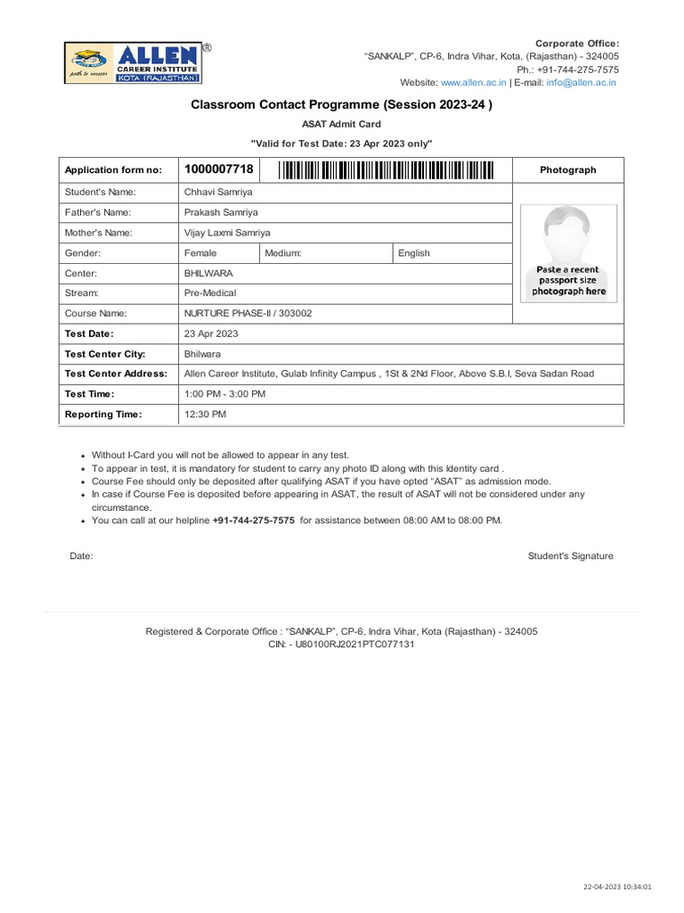 Allen Admit Card | PDF