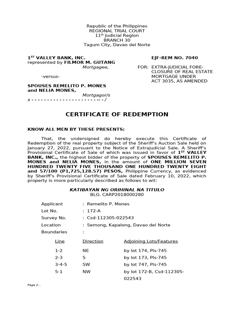 Certificate of Redemption | PDF | Mortgage Law | Common Law