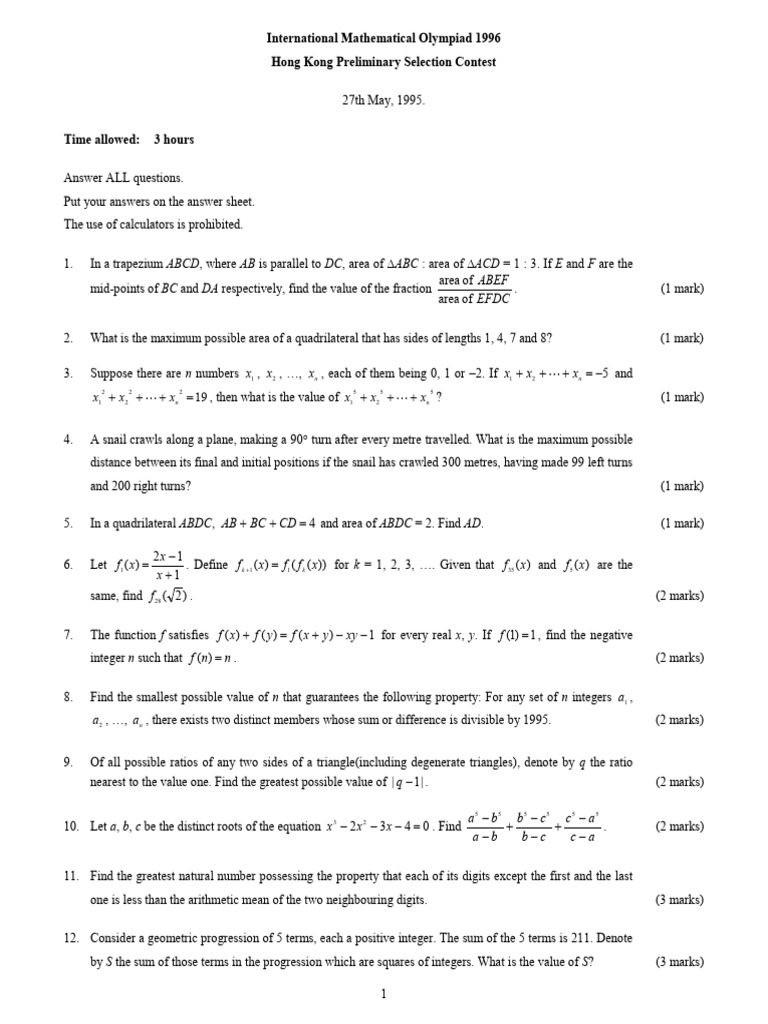 HKMO Pre Selection 1995-1996 | PDF | Integer | Arithmetic HKMO Pre Selection 1995-1996 | PDF | Integer | Arithmetic