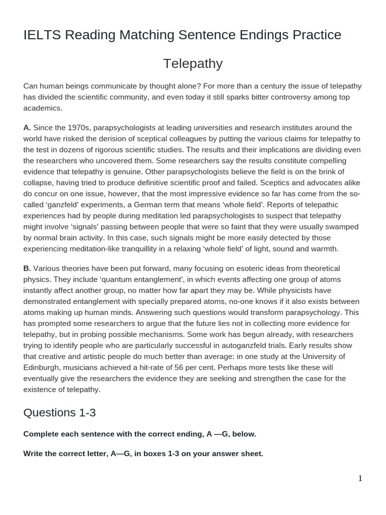 IELTS Reading Matching Sentence Endings Practice | PDF | Telepathy ...