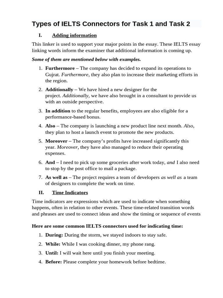 Types of IELTS Connectors For Task 1 and Task 2 | PDF