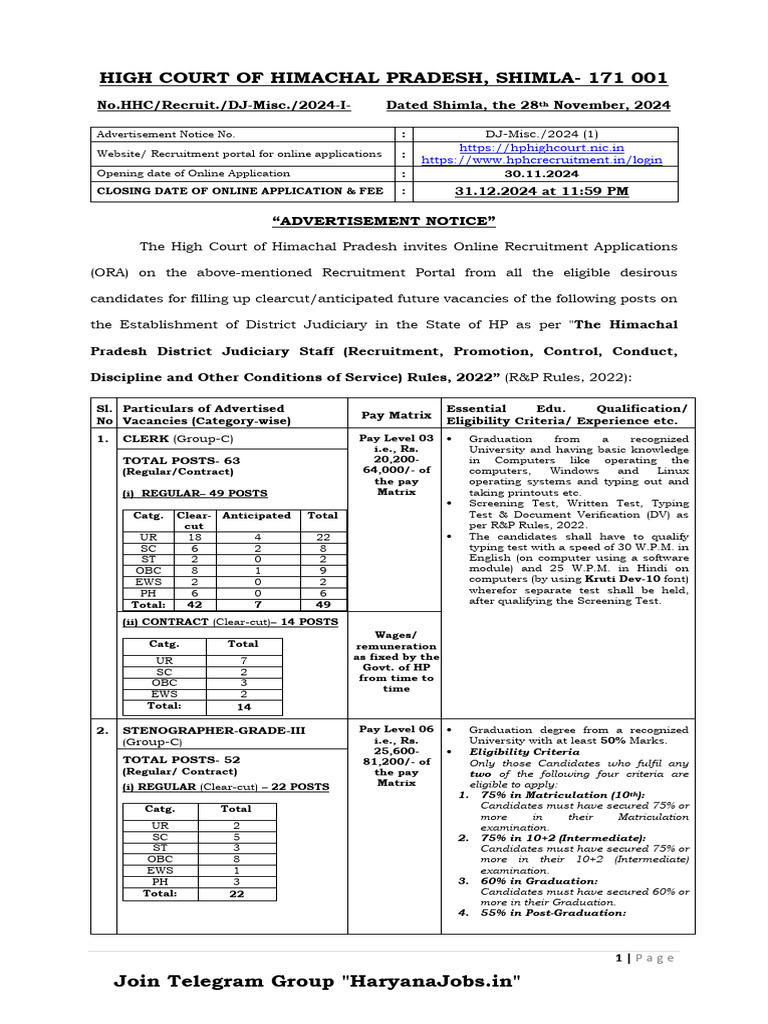 HP High Court Recruitment 2024 Notification | PDF | Recruitment
