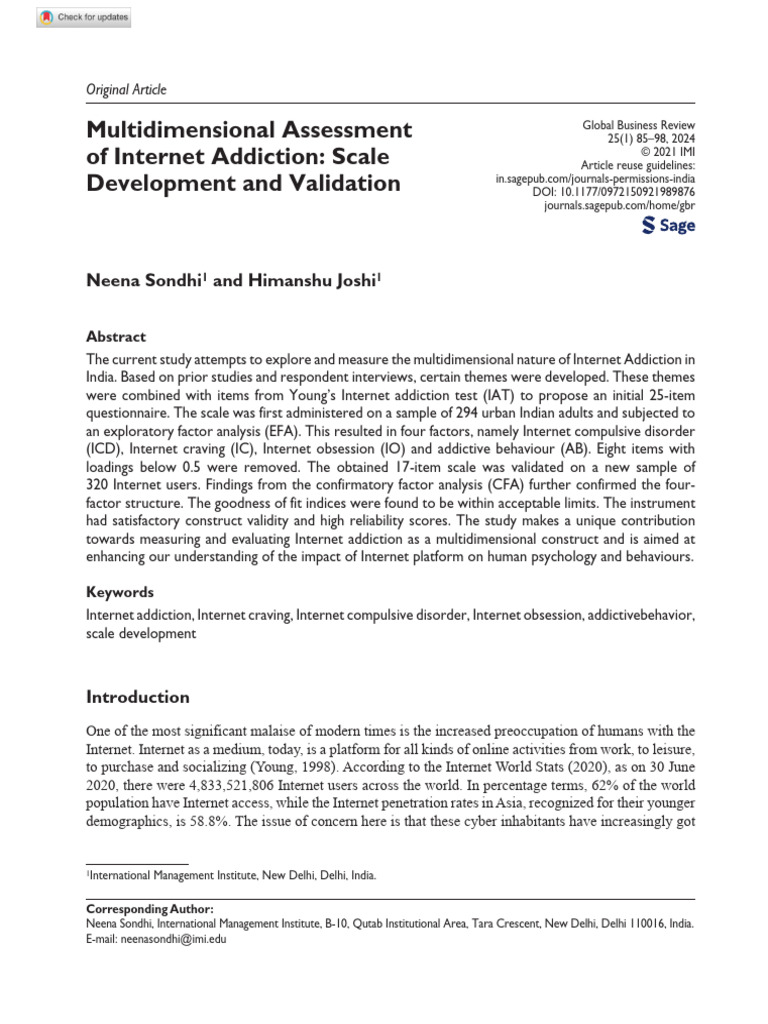 Multidimensional Assessment of Internet Addiction - Scale Development and Validation | PDF ...