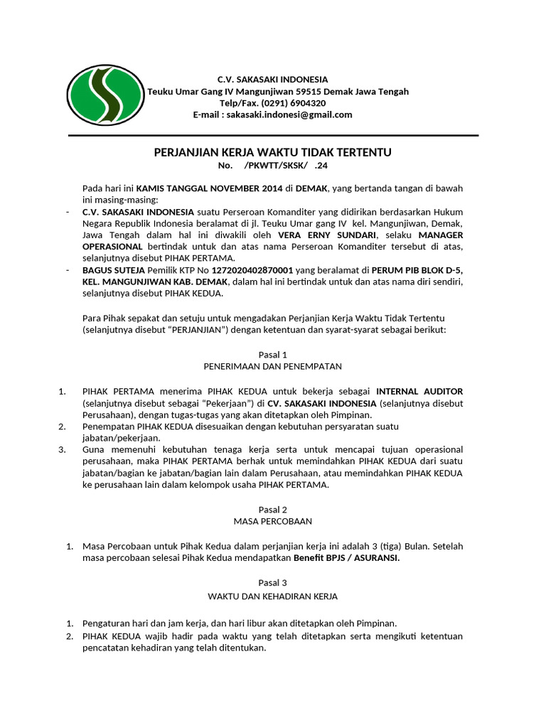 Contoh PKWTT Sakasaki | PDF