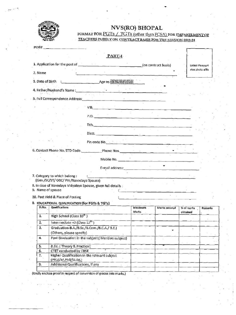 NVS Contractual Teacher Recruitment Bhopal Application Form | PDF