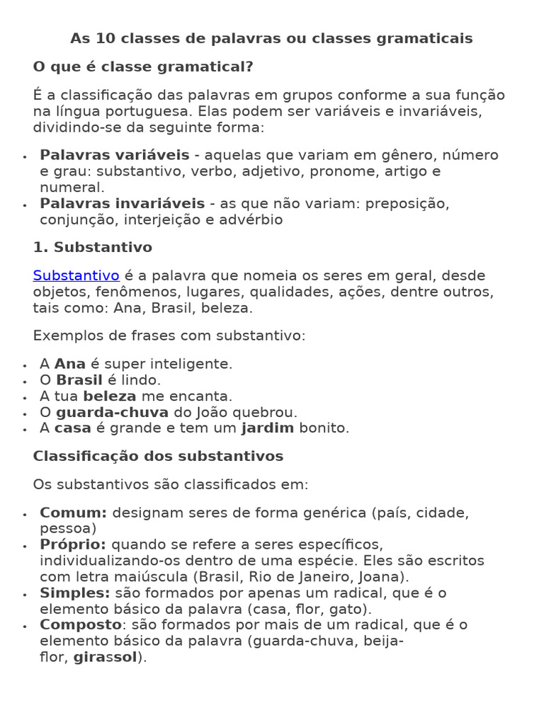 As 10 Classes de Palavras Ou Classes Gramaticais | PDF | Pronome ...