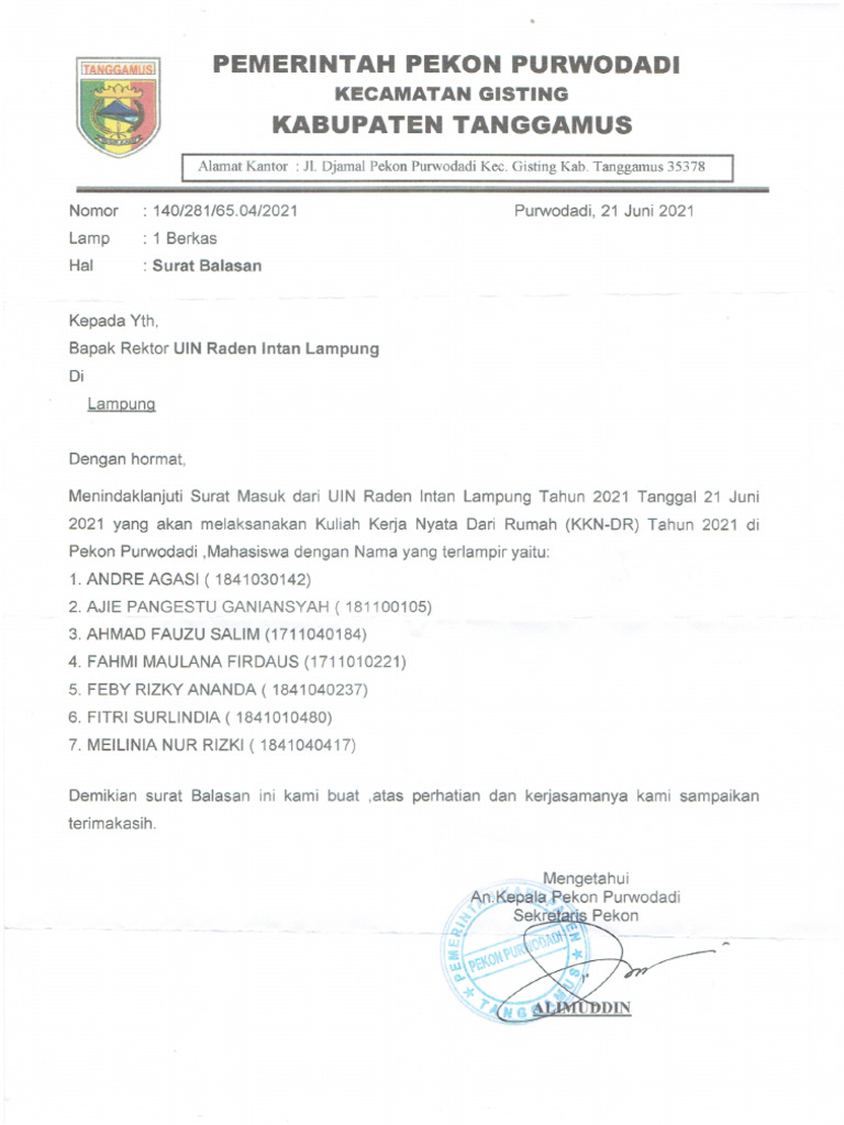 Surat Balasan Perizinan KKN | PDF