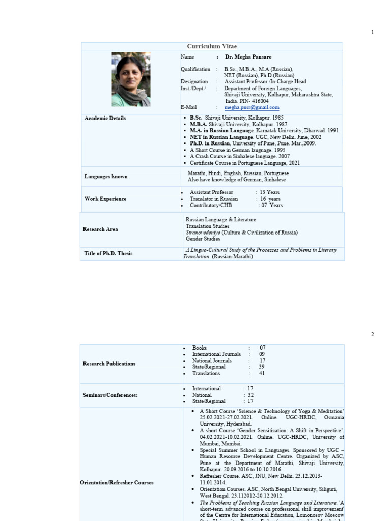 Megha Pansare. CV. 01 March 2021 | PDF | Russian Language | Mumbai