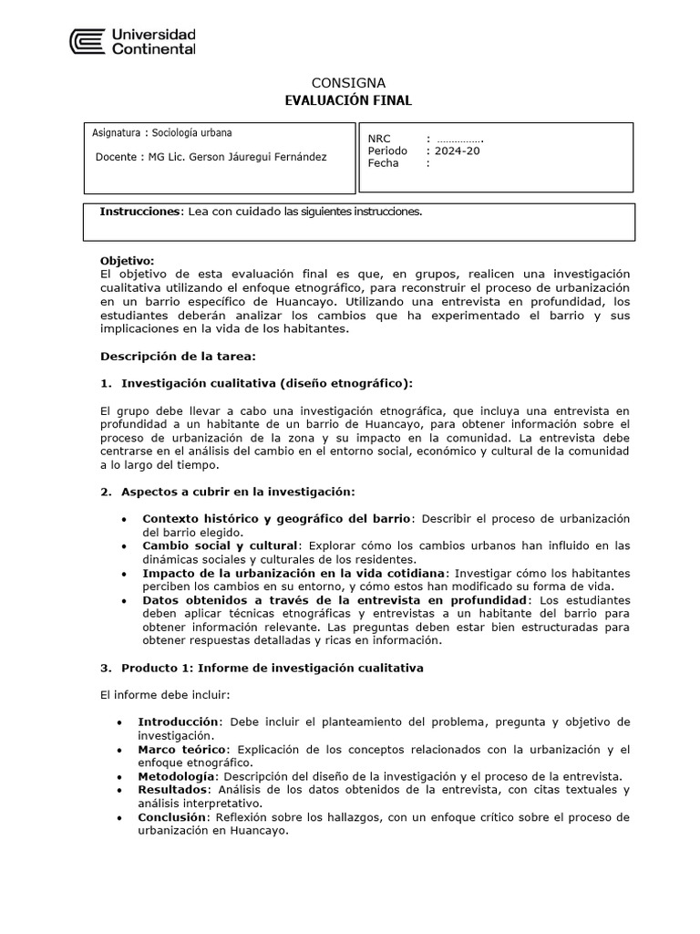 Consigna Ev. Final Su | PDF | Etnografía | Evaluación