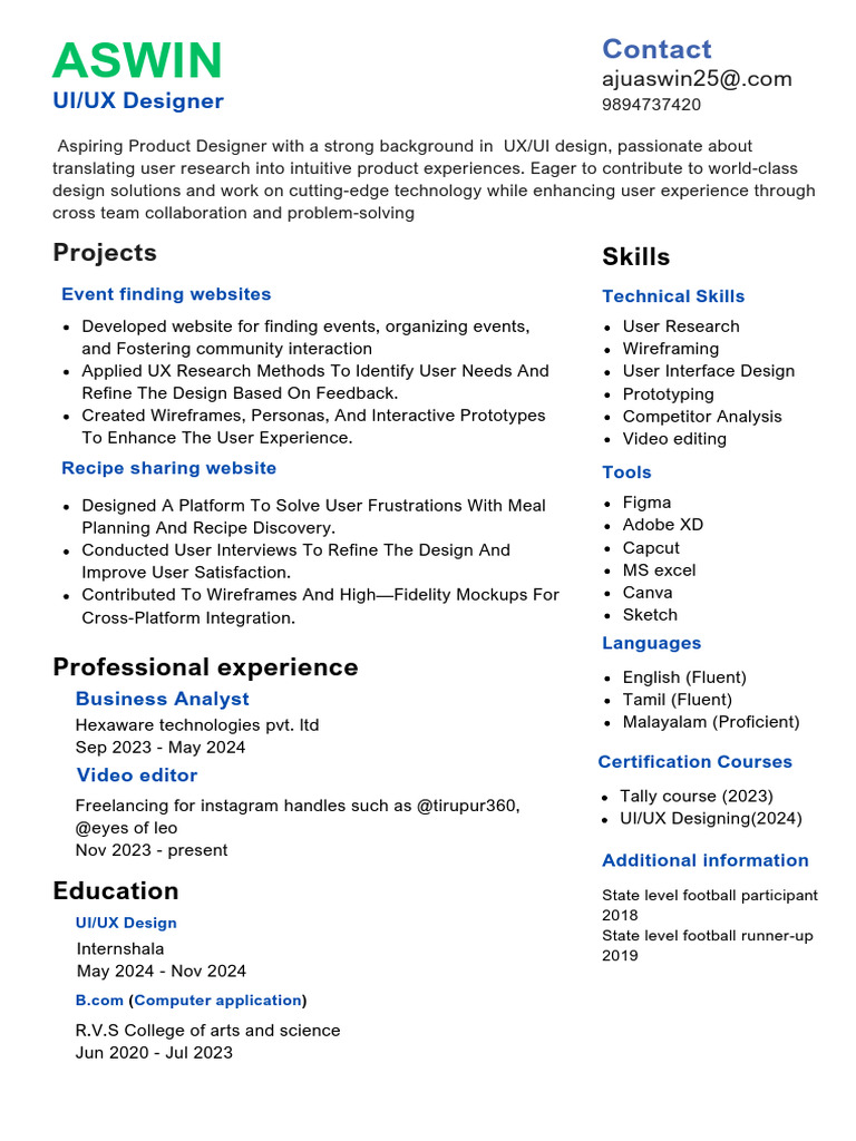 Aswin Resume Uiux | PDF | User Interface | Human–Machine Interaction