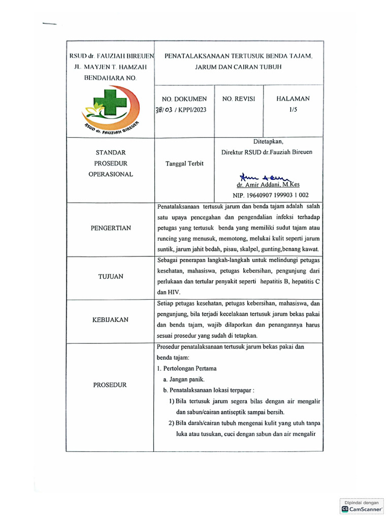 Spo Tertusuk Jarum, Benda Tajamdan Cairan Tubuh | PDF