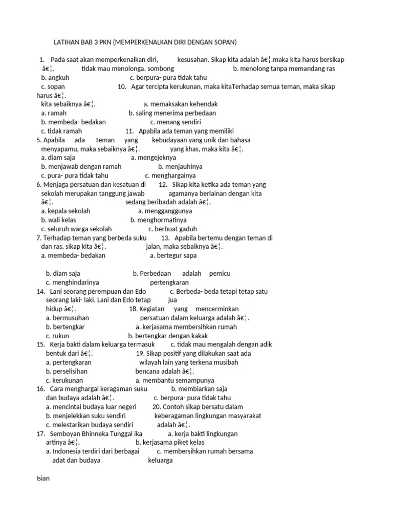 Latihan Soal Bab 3 PKN Memperkenalkan Diri Dengan Sopan | PDF