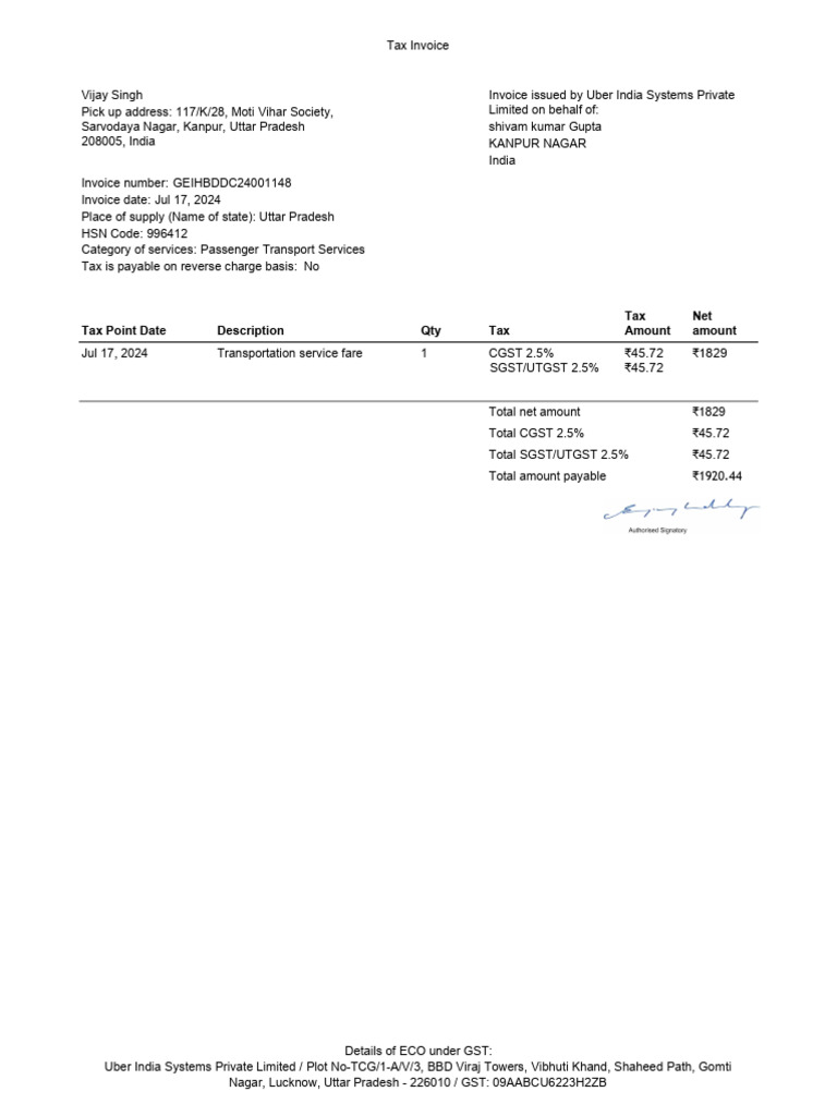 Uber Bill 17.07.2024 | PDF