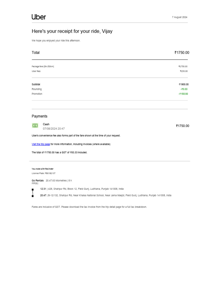 Payment Recipit Uber 7th August | PDF