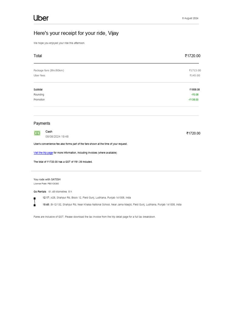 8th Augsut Uber Bill | PDF