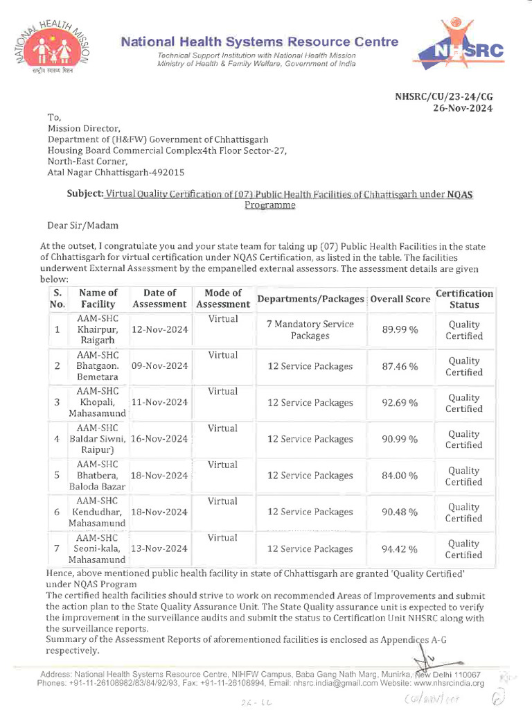 Mahasamund NQAS Result 3 Facilities | PDF