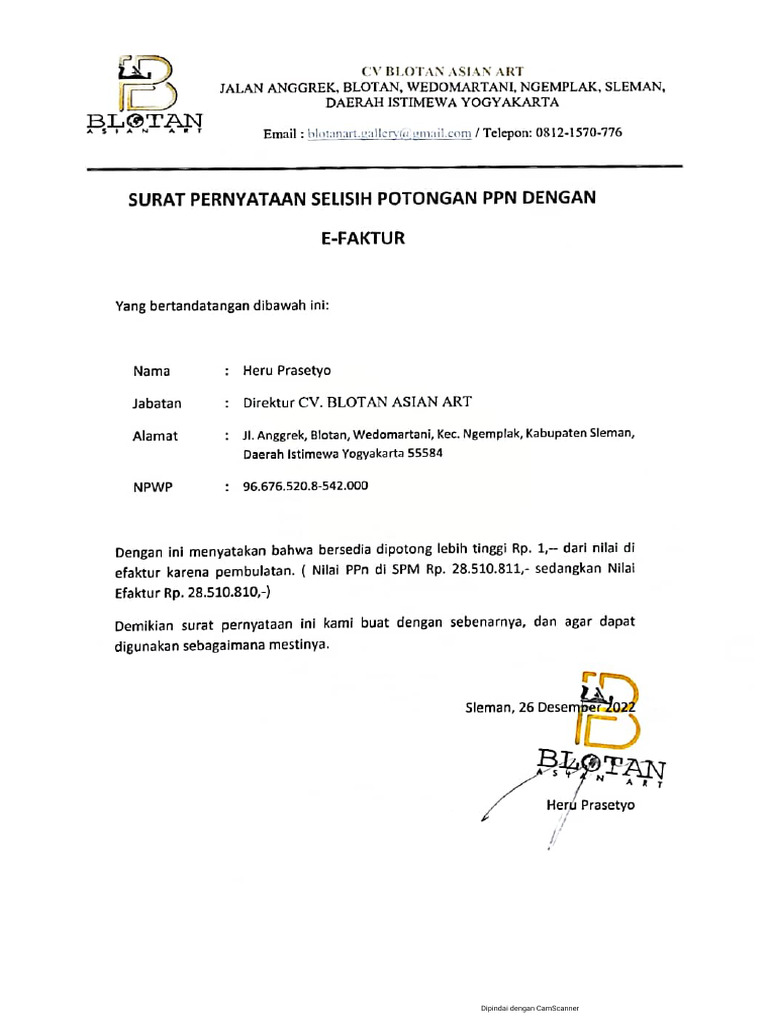 Surat Pernyataan Selisih | PDF