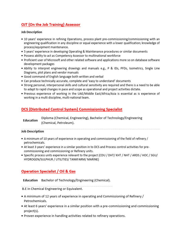 Oil Refinery Job Descriptions | PDF