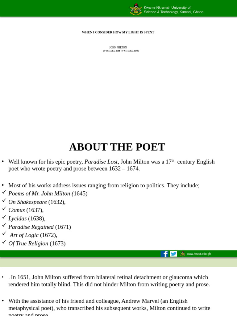 When I Consider How My Light Is Spent | PDF | Sonnets | John Milton