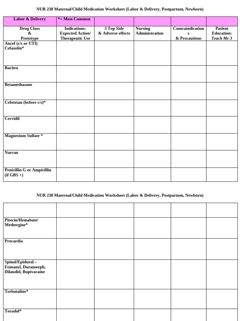 NUR 238 Medication Worksheet FA 24 | PDF