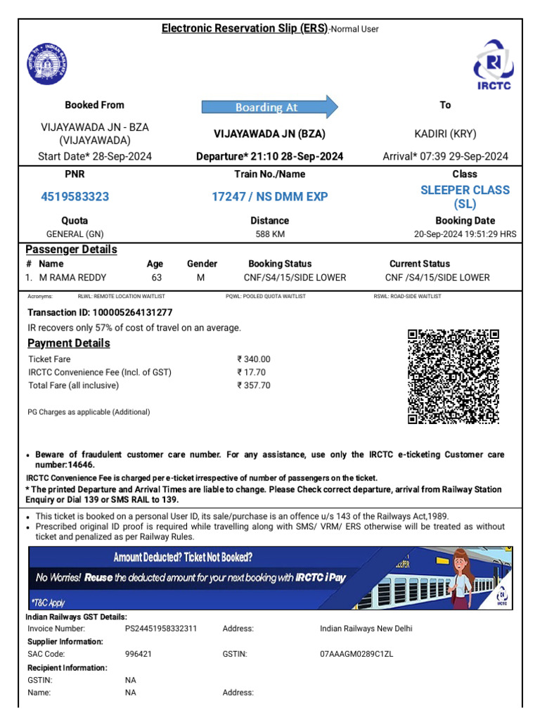 NS DMM EXP Sleeper Class (SL) : Electronic Reservation Slip (ERS) | PDF | Identity Document