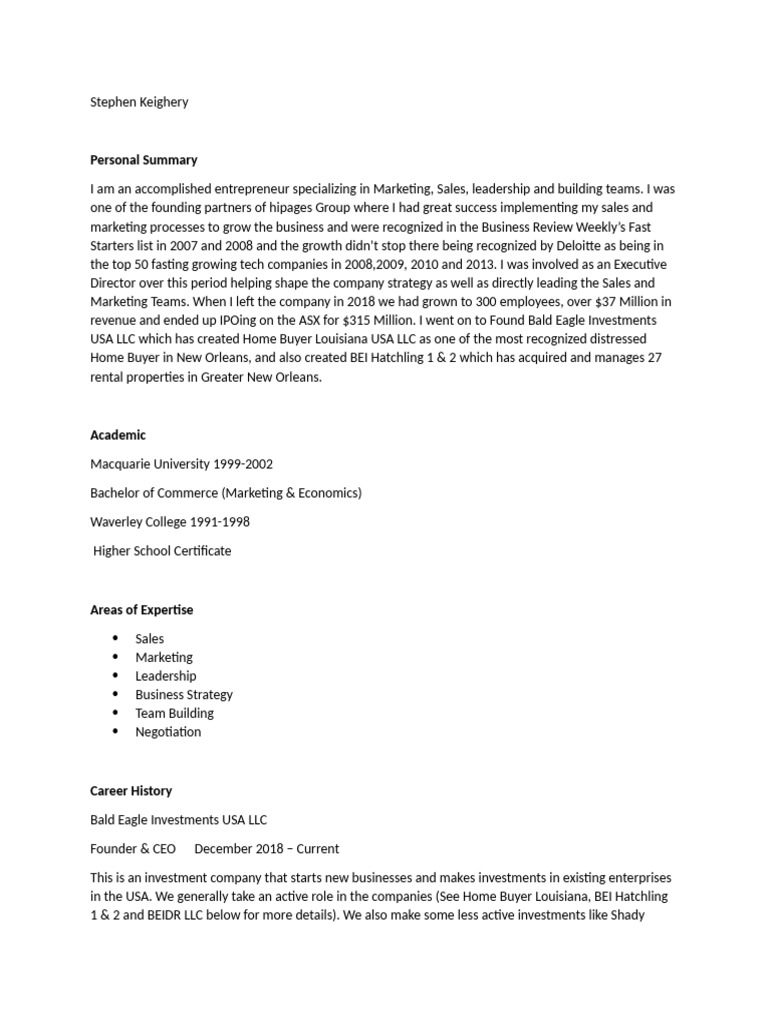 Stephen Keighery - Resume For Visa | PDF | Marketing | Sales