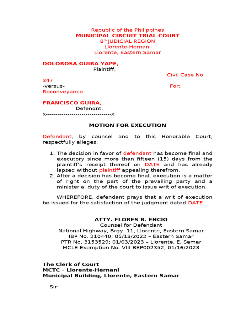 Motion For Execution | PDF
