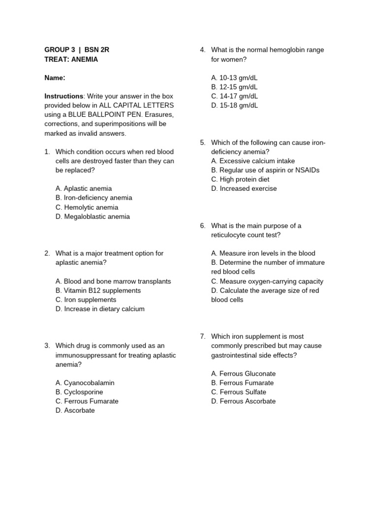 Group 3 BSN 2r Antianemic Questionnaire | PDF | Anemia | Diseases And ...