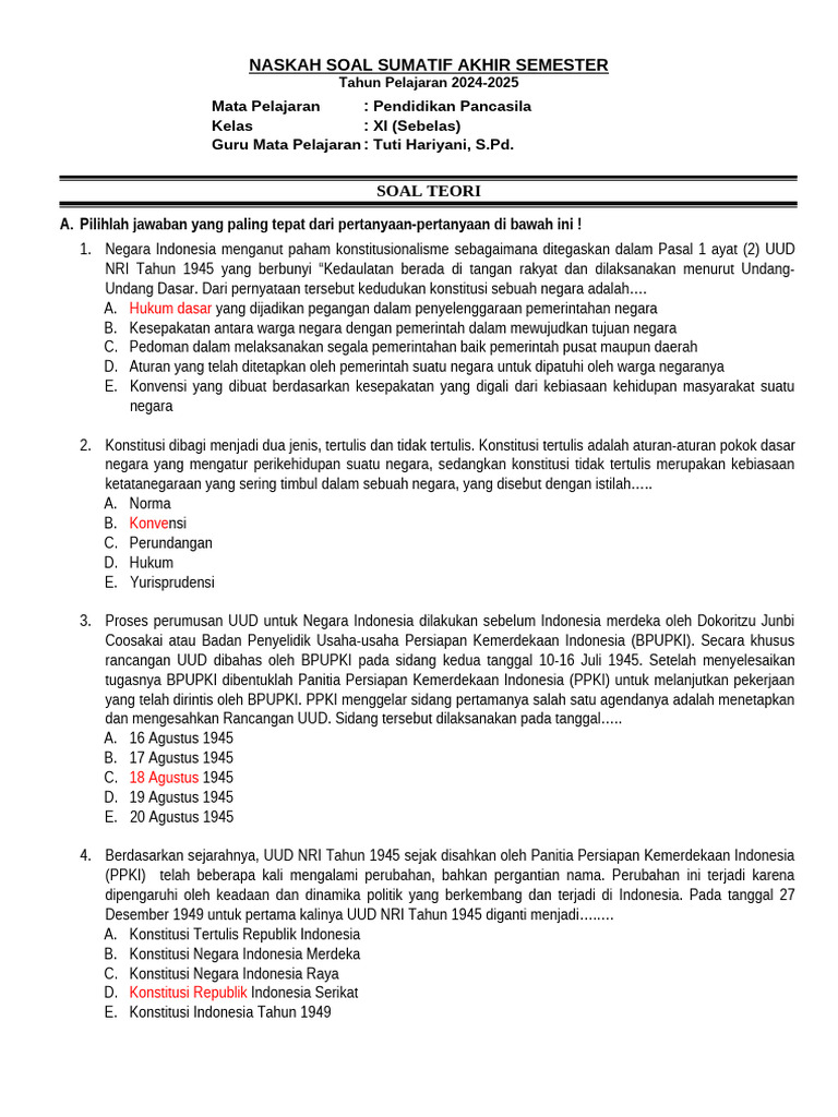Naskah Soal PP SAS Kls XI 2024 - 2025 | PDF