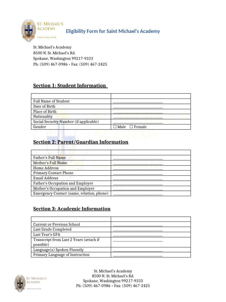 St. Michael's Academy Admission Form | PDF