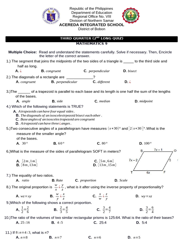 Math9 3rd 2023 LQ | PDF | Euclidean Plane Geometry | Geometry